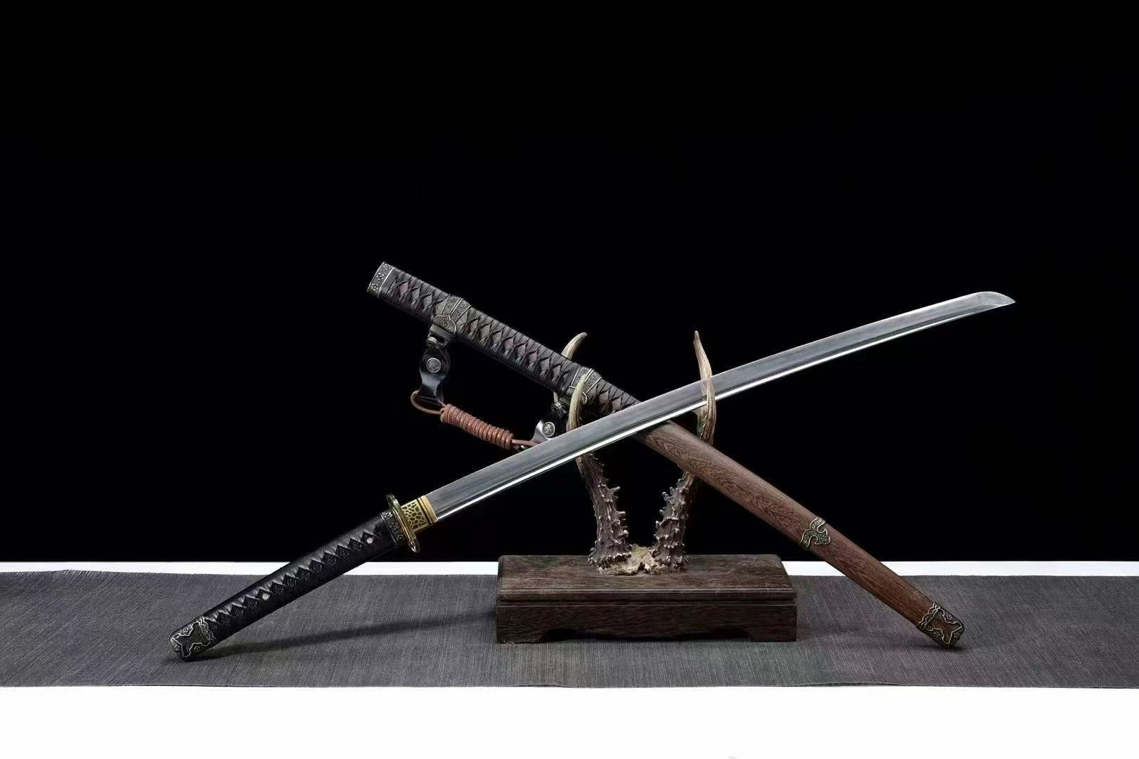 Folded Steel & Clay Tempered Tachi with Huali Wood Saya & Floral Copper ...